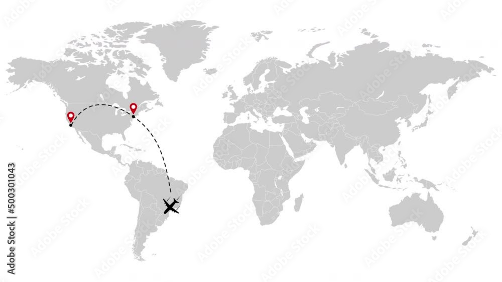Animation route of airplane on the world map. Line path airplane ...