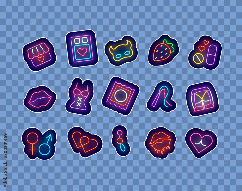 Sexy Neon Stickers Collection Social Media Emblem Set Sex Shop Design Intimate Design Vector