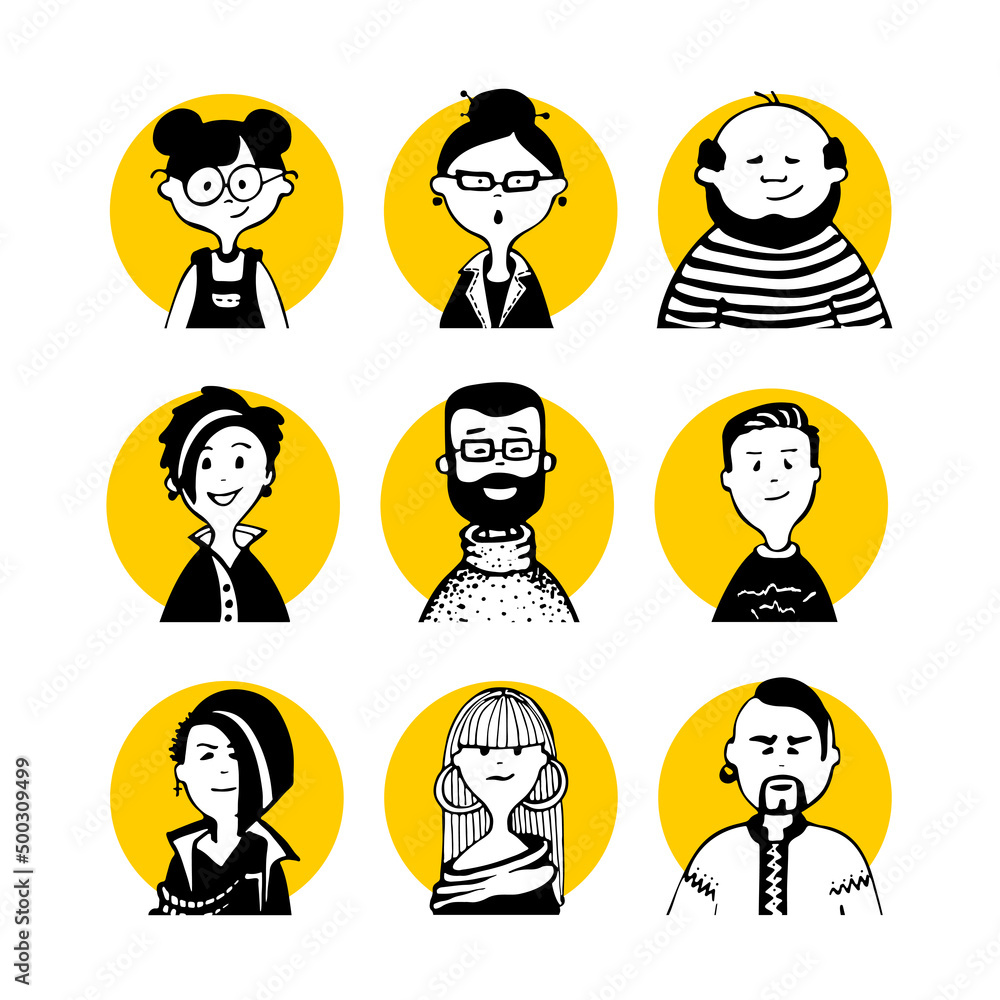Collection 02 of comic peoples faces and characters in doodle style for ...