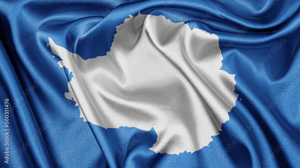 Close up realistic texture fabric textile silk satin flag of Antarctica ...