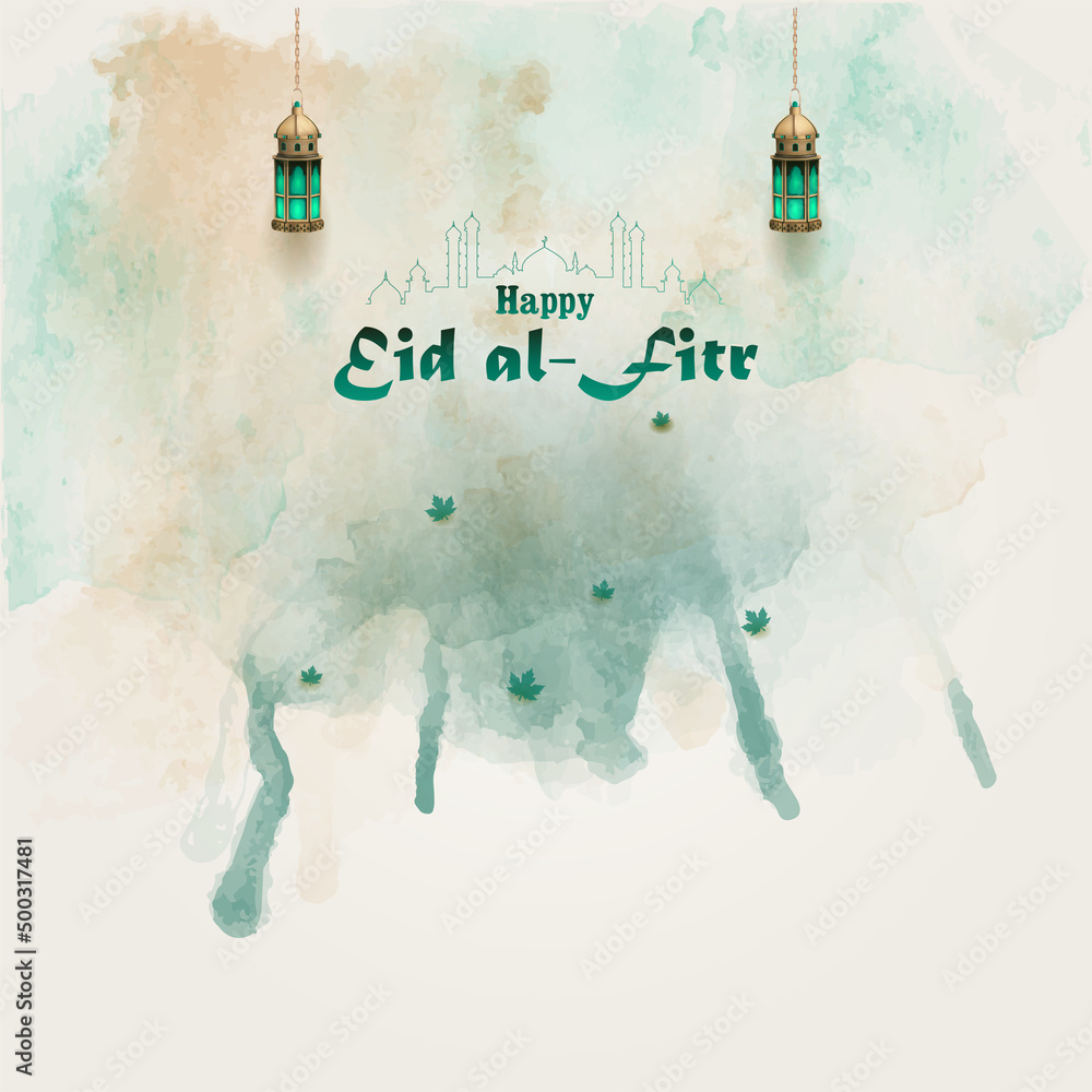 Islamic greetings eid al fitr card design with watercolor background ...