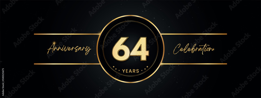 64 years anniversary golden color with circle ring isolated on black ...
