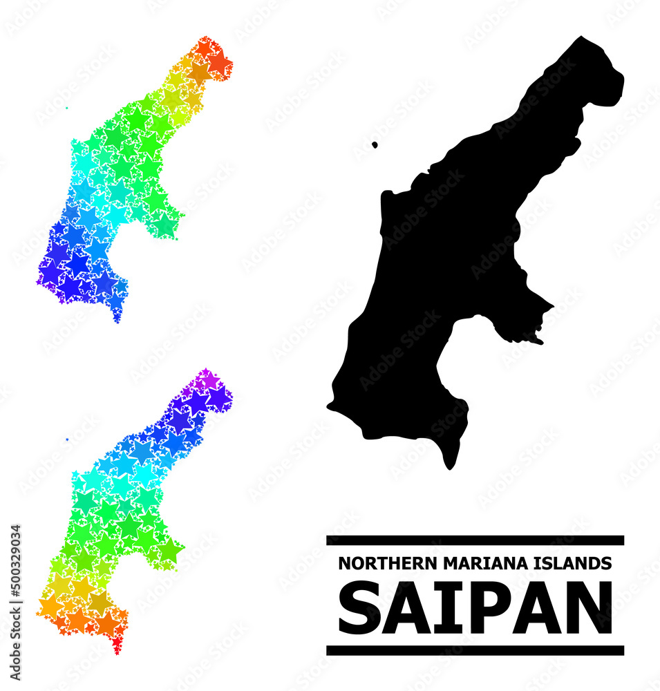 Rainbow gradiented star mosaic map of Saipan Island. Vector colored map ...