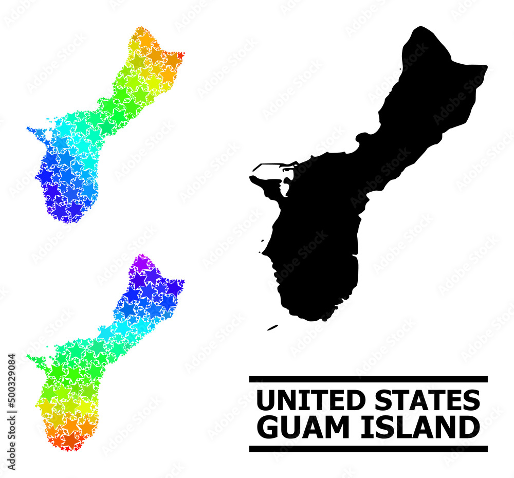 Spectral gradiented starred mosaic map of Guam Island. Vector colorful ...