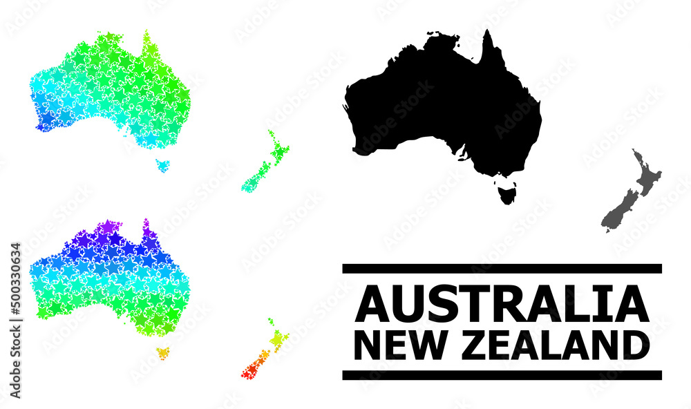 Spectrum gradient starred mosaic map of Australia and New Zealand ...