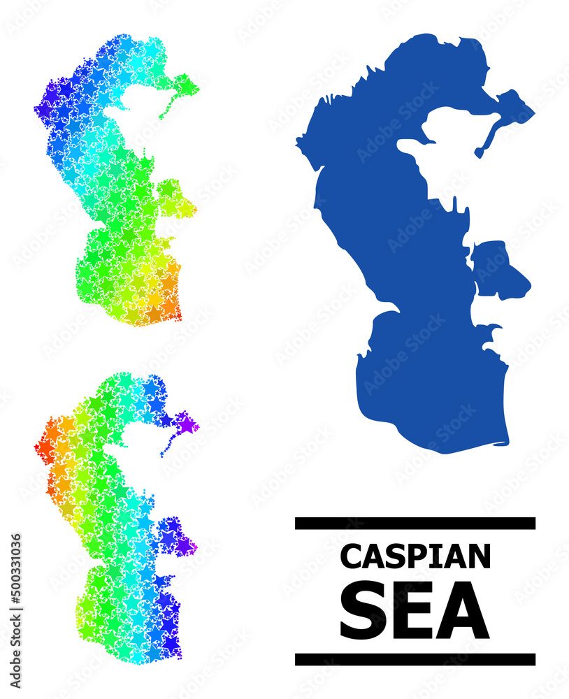 Rainbow gradient starred collage map of Caspian Sea. Vector colorful ...