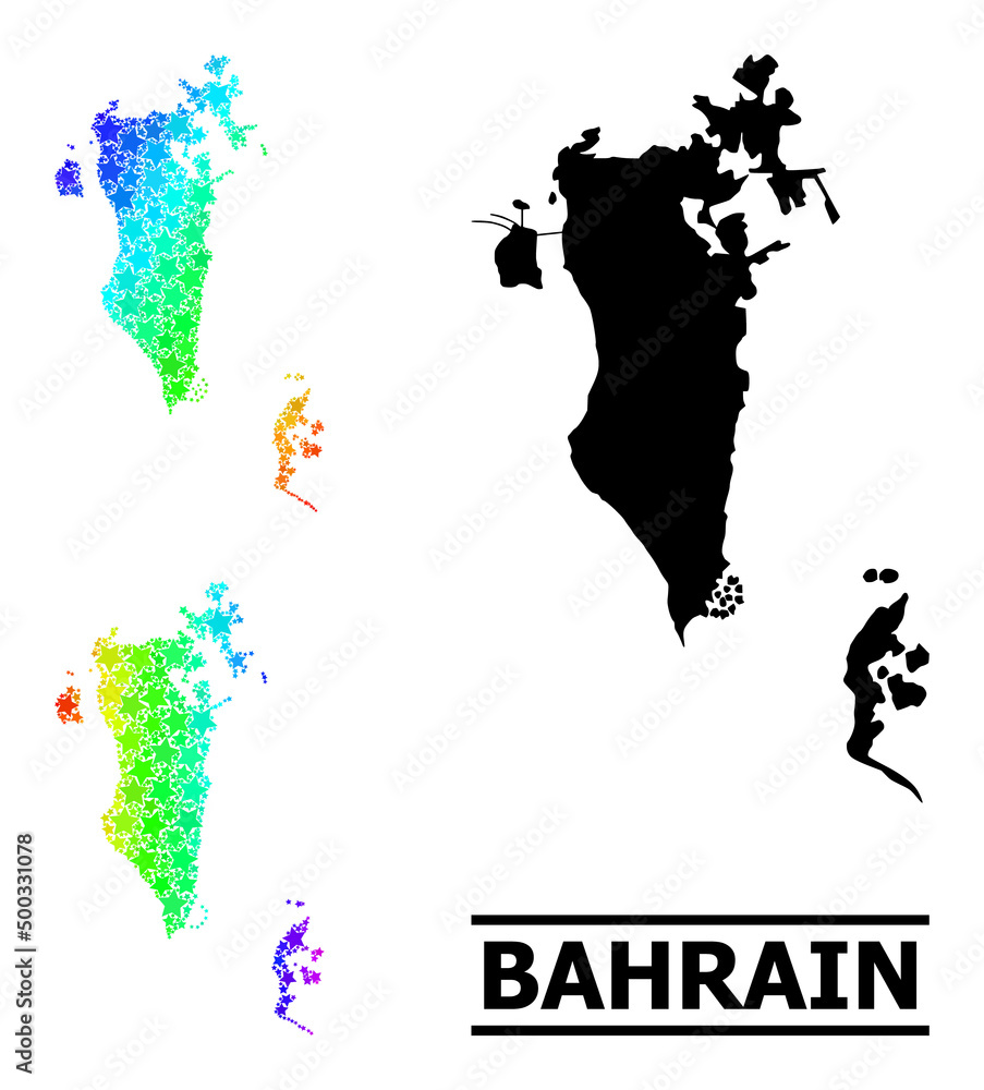 Spectral gradiented stars mosaic map of Bahrain. Vector colored map of ...