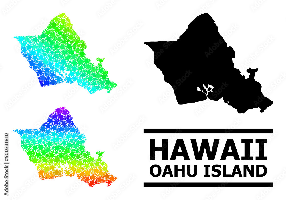 Spectral gradient star collage map of Oahu Island. Vector vibrant map ...