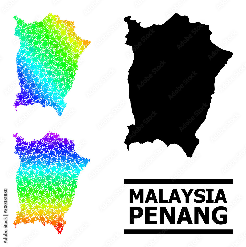 Rainbow gradiented stars collage map of Penang Island. Vector colorful ...