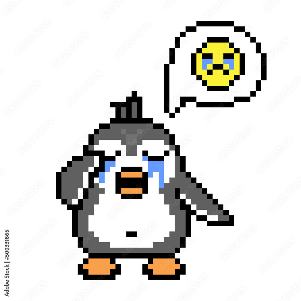 Sad depressed crying penguin, cute pixel art animal character isolated ...