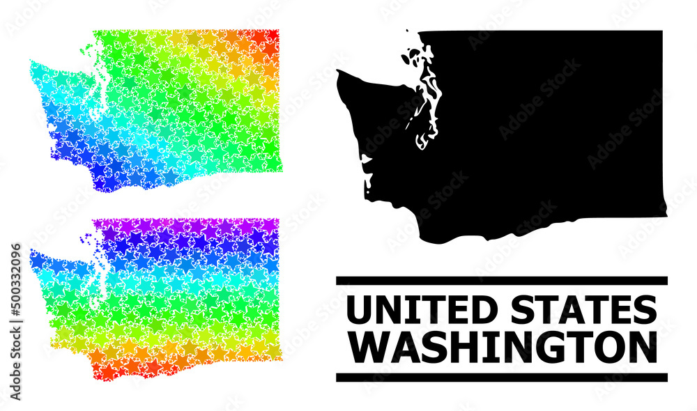 Spectral gradiented star collage map of Washington State. Vector vibrant map of Washington State ...