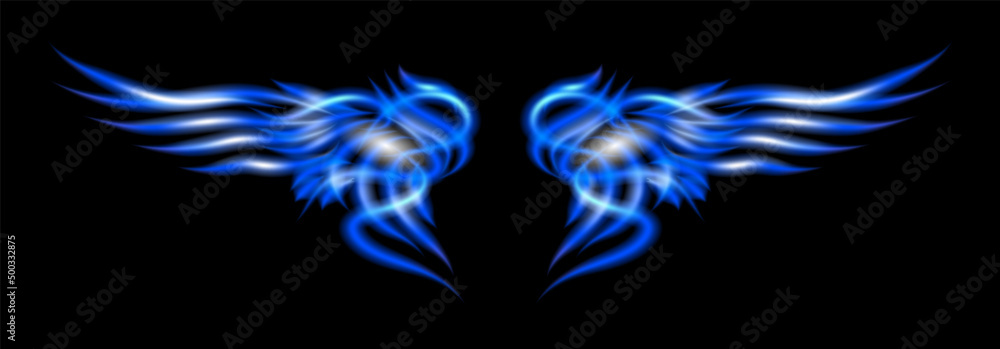 Blue neon glowing abstract blue wings. Isolated, strewn with sparks on ...