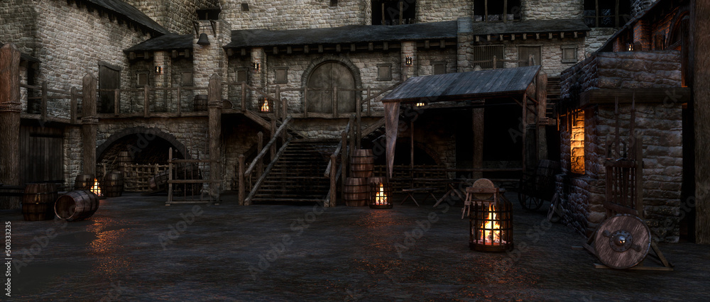 Dark wet muddy medieval castle courtyard in the evening lit by fire ...