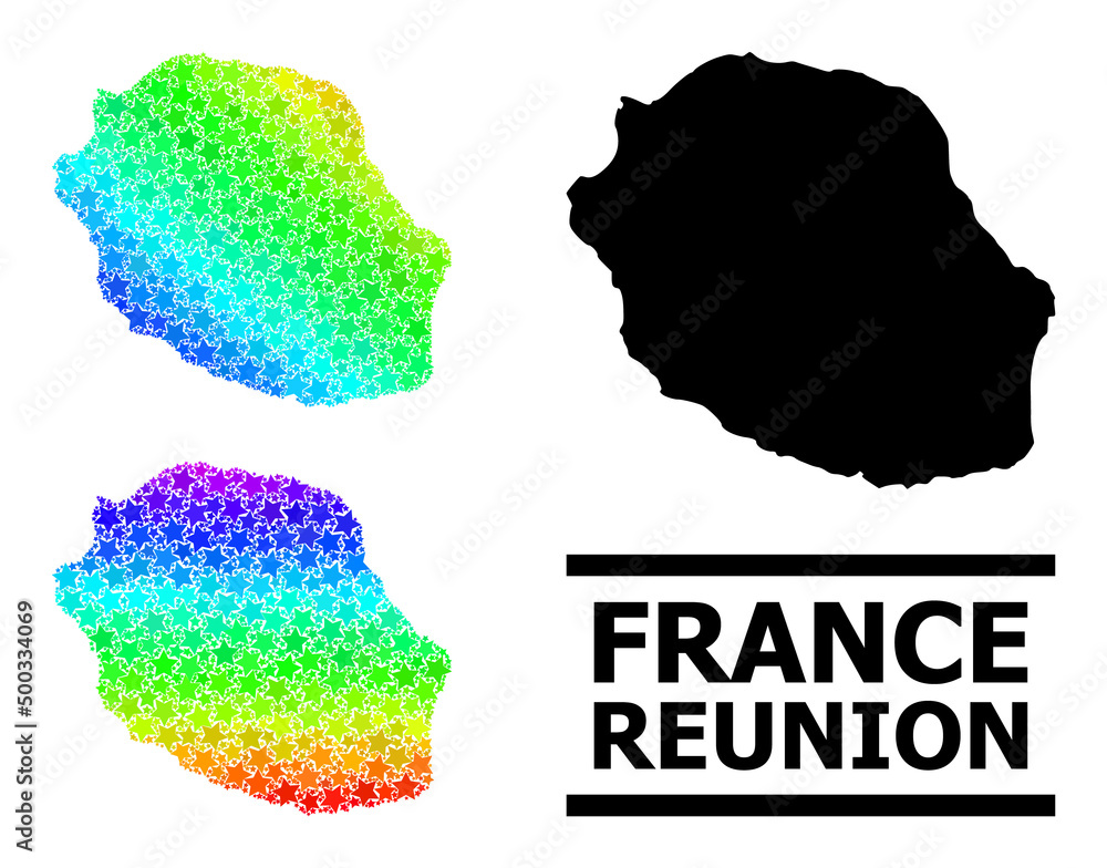 Spectral gradient star collage map of Reunion Island. Vector colored ...