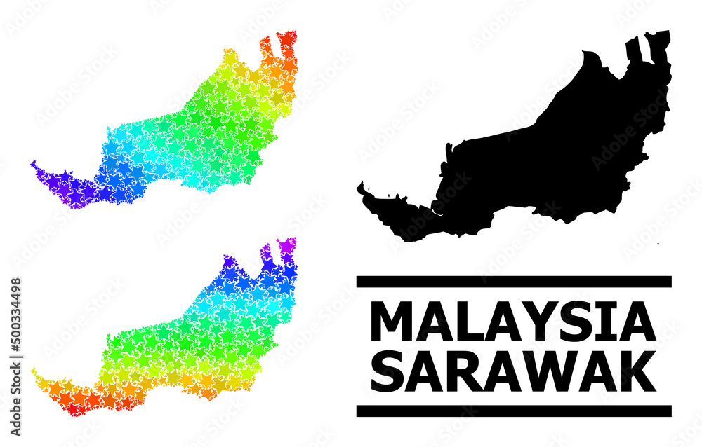 Rainbow gradient stars mosaic map of Sarawak. Vector colored map of ...