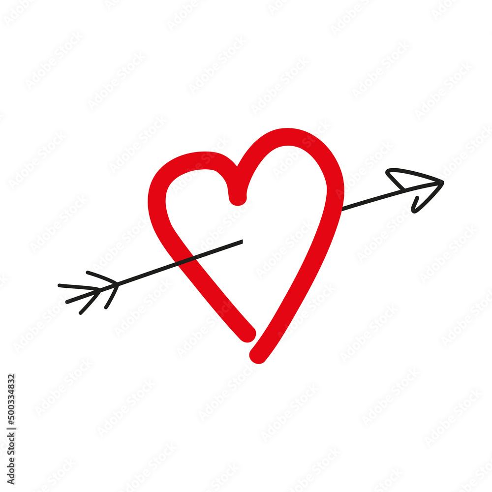 Bright red heart with Cupid's arrow. The arrow hit the heart. A simple ...