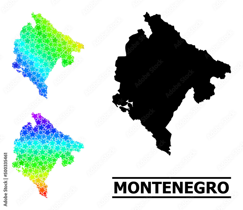 Spectral gradiented starred mosaic map of Montenegro. Vector colored ...