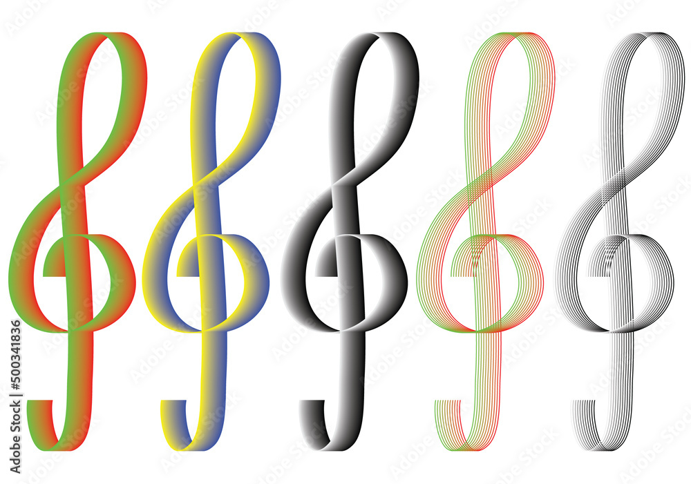 A set of illustrations of violin colored musical keys. Vector. A ...
