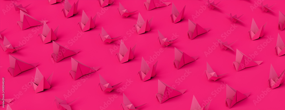 Collection of Pink Origami Birds on Pink Background. Contemporary ...