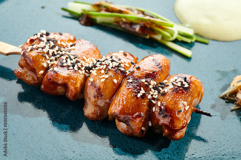 Traditional Japanese food - skewer yakitori with chicken hearts and ...