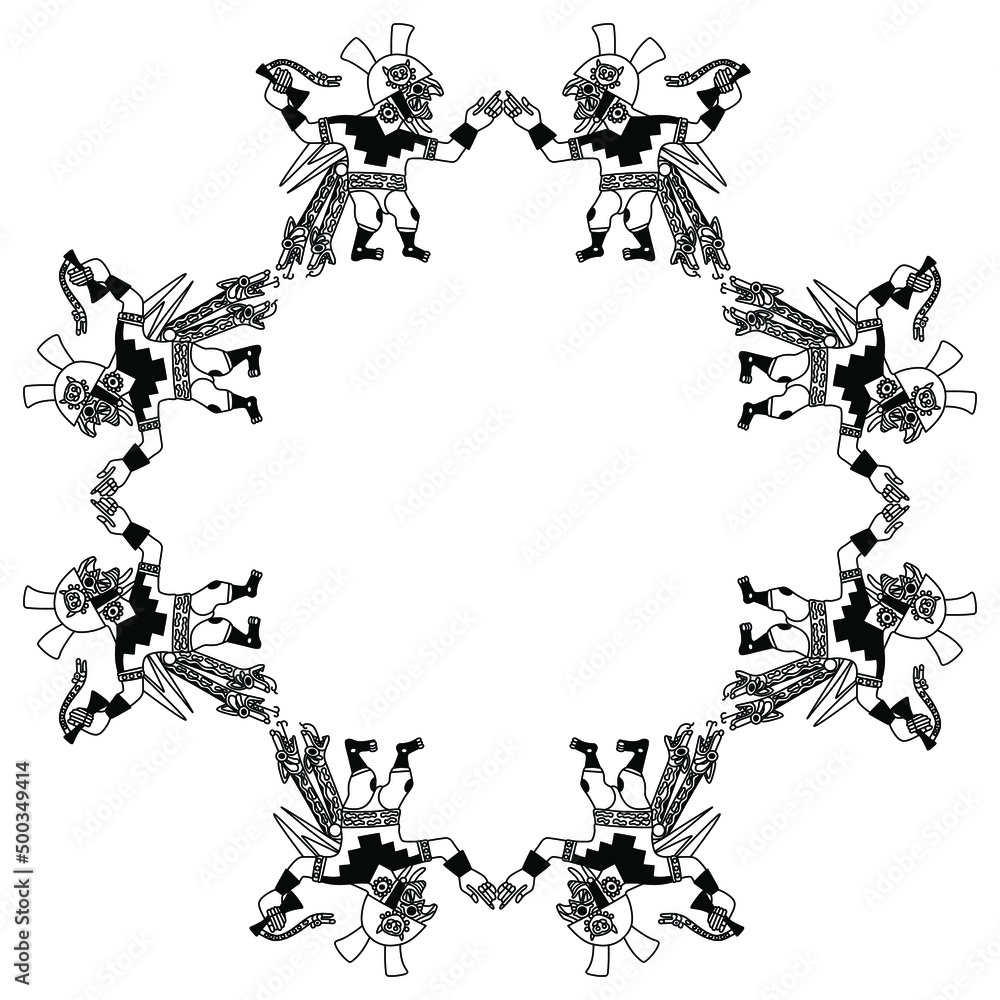 Square ethnic frame or pattern with ancient Peruvian snake men. Native ...