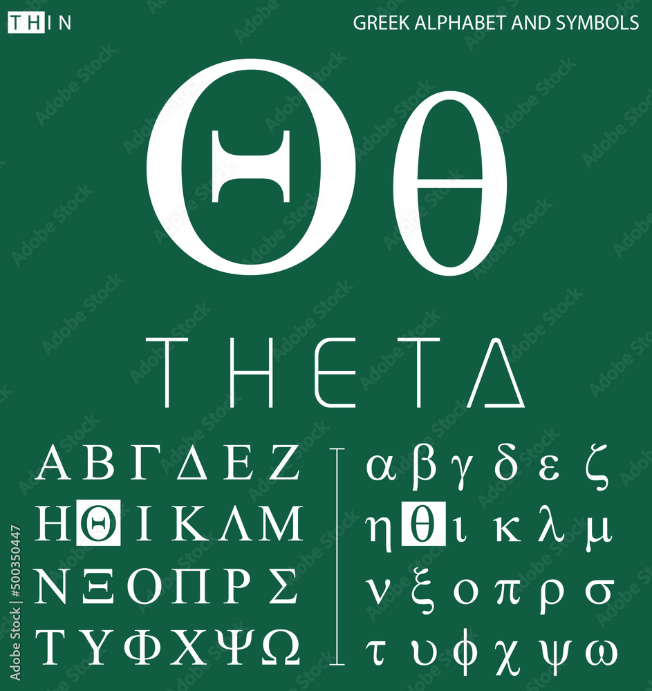 Greek alphabet and symbols, theta letter with pronunciation เวกเตอร์ ...