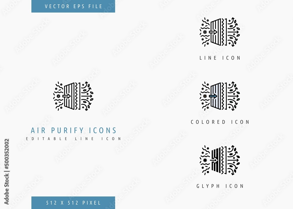Air Purify icons set editable stroke vector illustration. Clean air ...