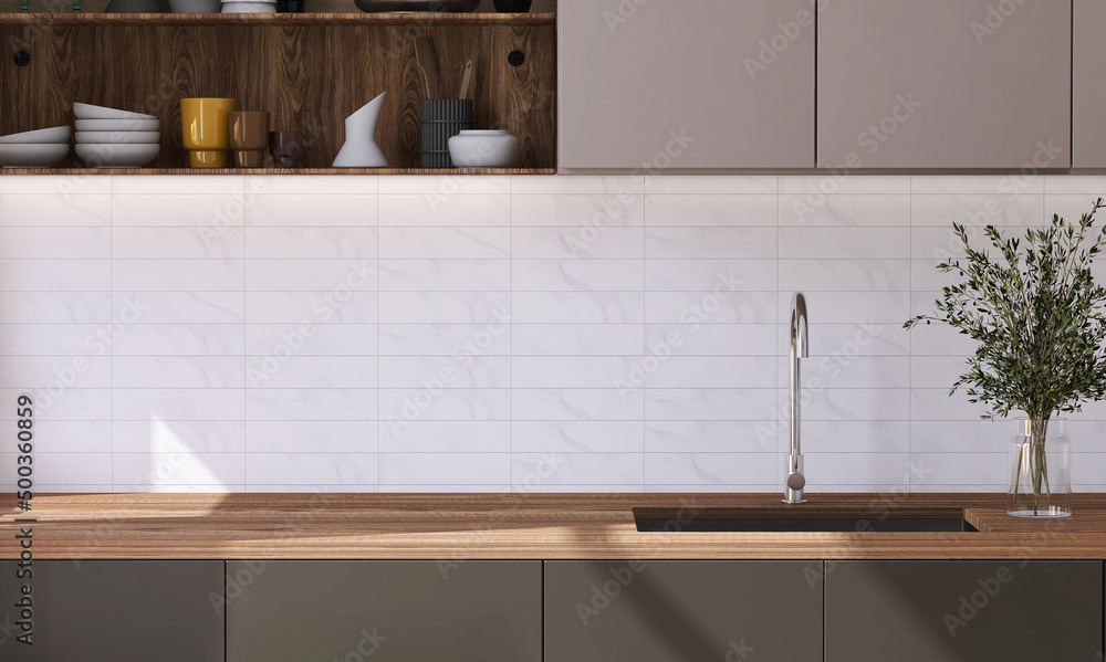 Realistic 3D render front view of blank empty wooden kitchen countertop ...
