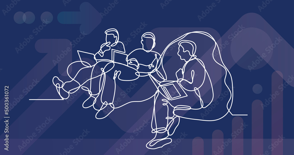 continuous line drawing of programmers with laptops sitting on bean ...