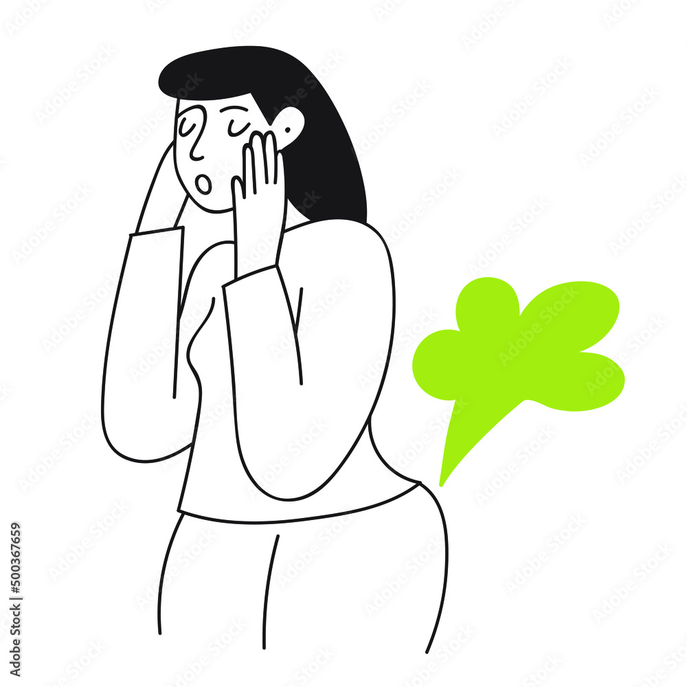 Young woman fart and confused. Outline illustration on white background ...