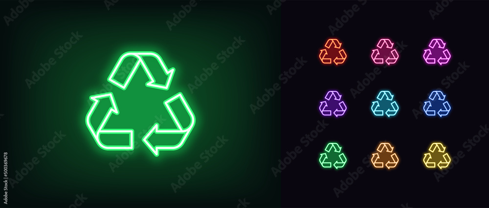 Vetor de Outline neon recycling icon. Glowing neon recycling triangle ...