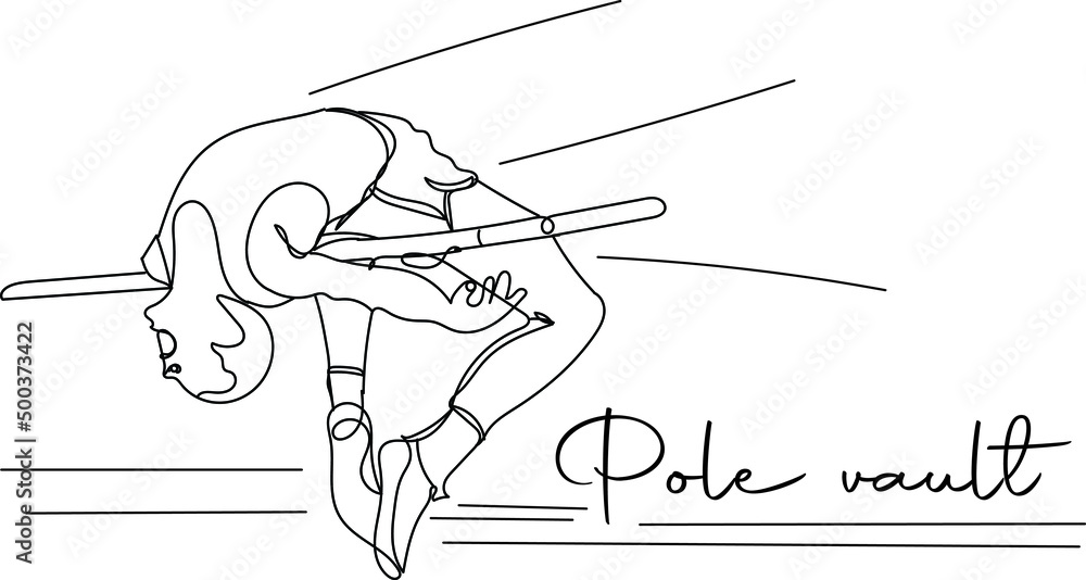 Continuous one line sketch drawing of Pole vault player performing ...