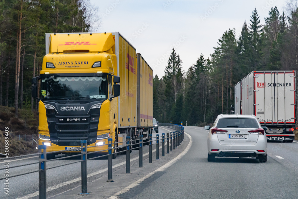 scania gigaliner, long truck operated by dhl on a road in sweden Stock ...