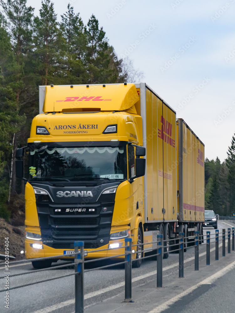 scania gigaliner, long truck operated by dhl on a road in sweden Stock ...