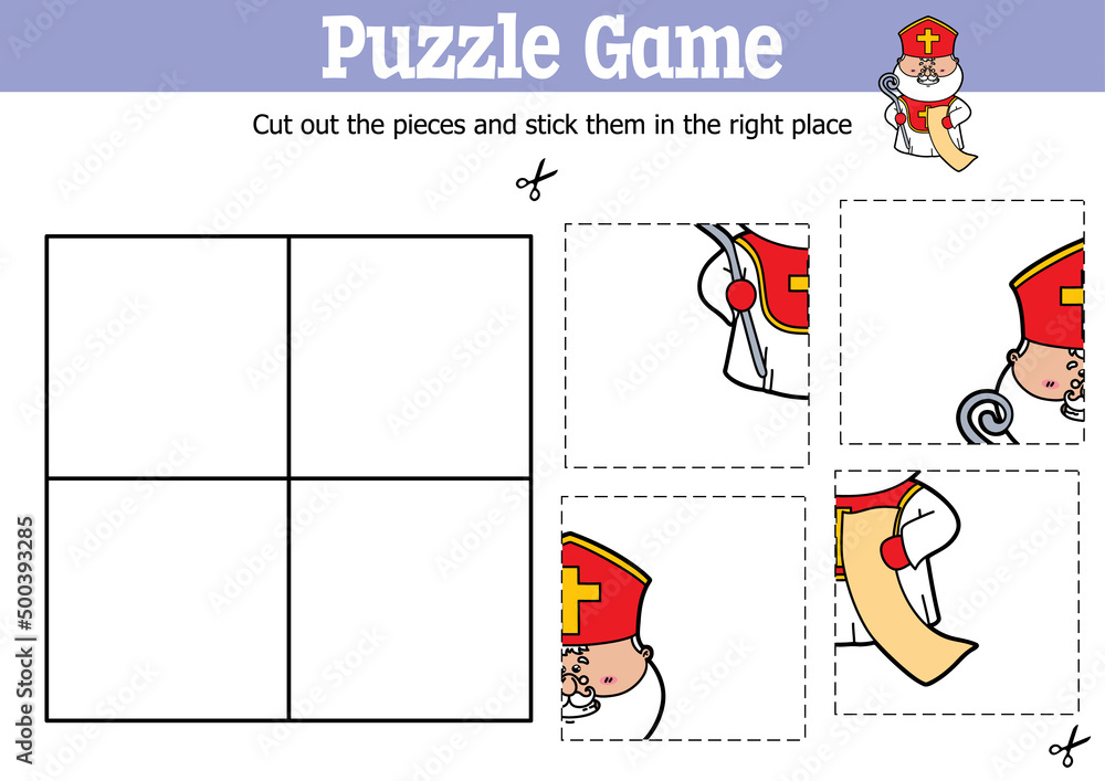 Vector educational kids puzzle game to cut and stick pieces with ...