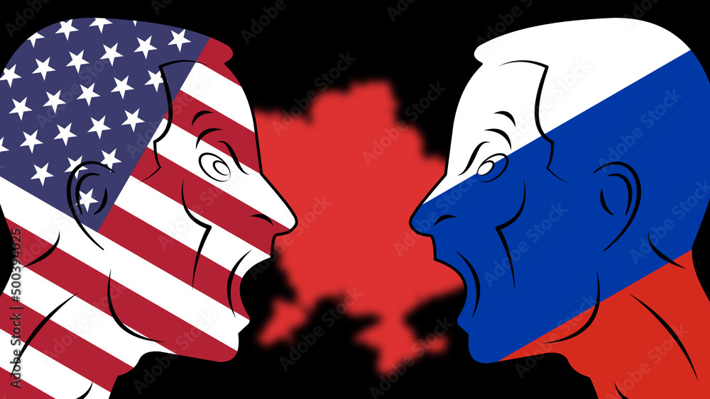 USA vs versus Russia. They fight on Ukrainian territory. Concept of two ...
