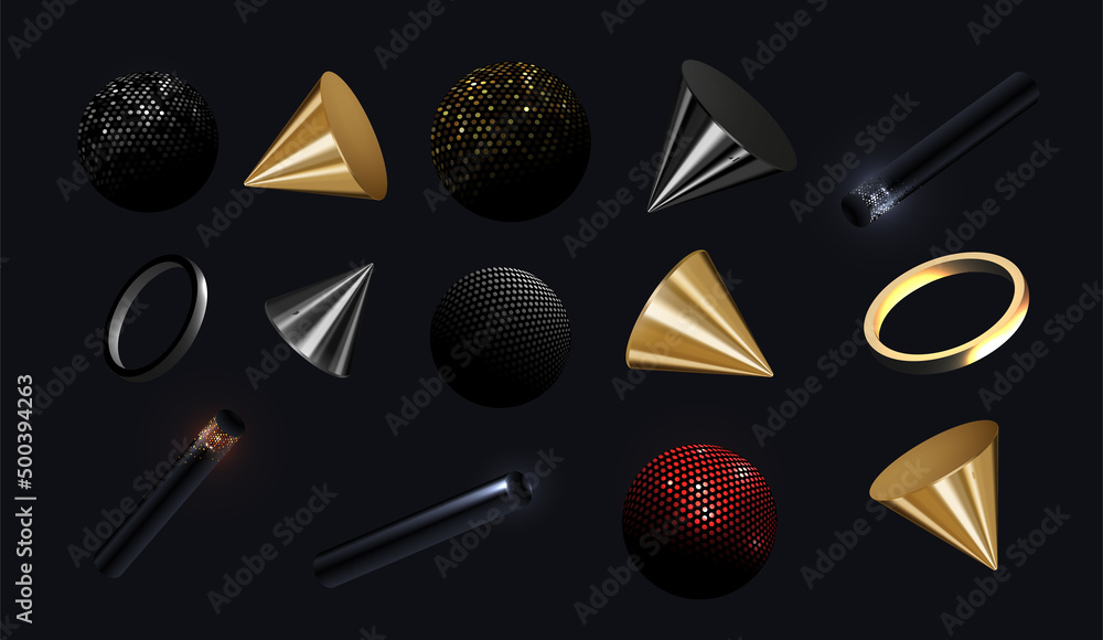 Black and gold geometric shapes of objects on a dark background ...