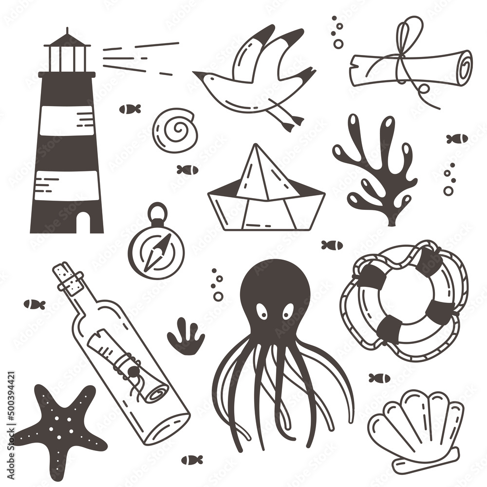 Sea life vector hand drawn doodles. Doodle set. Icons in line-art style ...