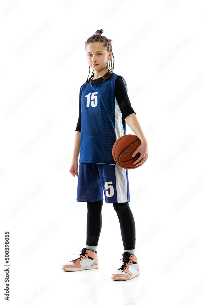 Full-length portrait of teen girl, active sportsman posing in uniform ...