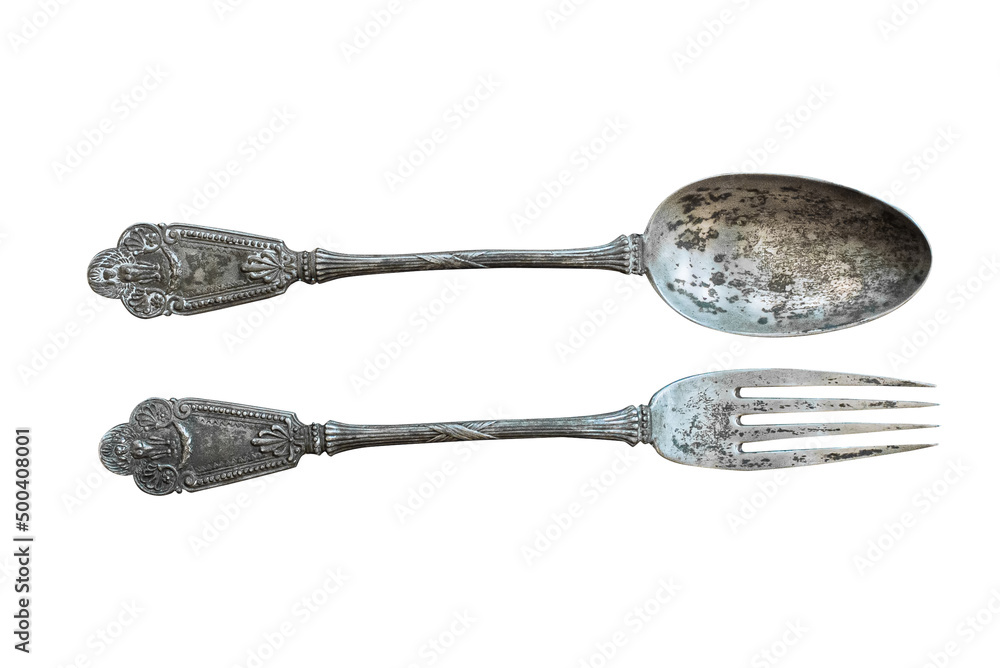 Vintage Museum Cutlery with Vintage Engraving on Isolated White ...