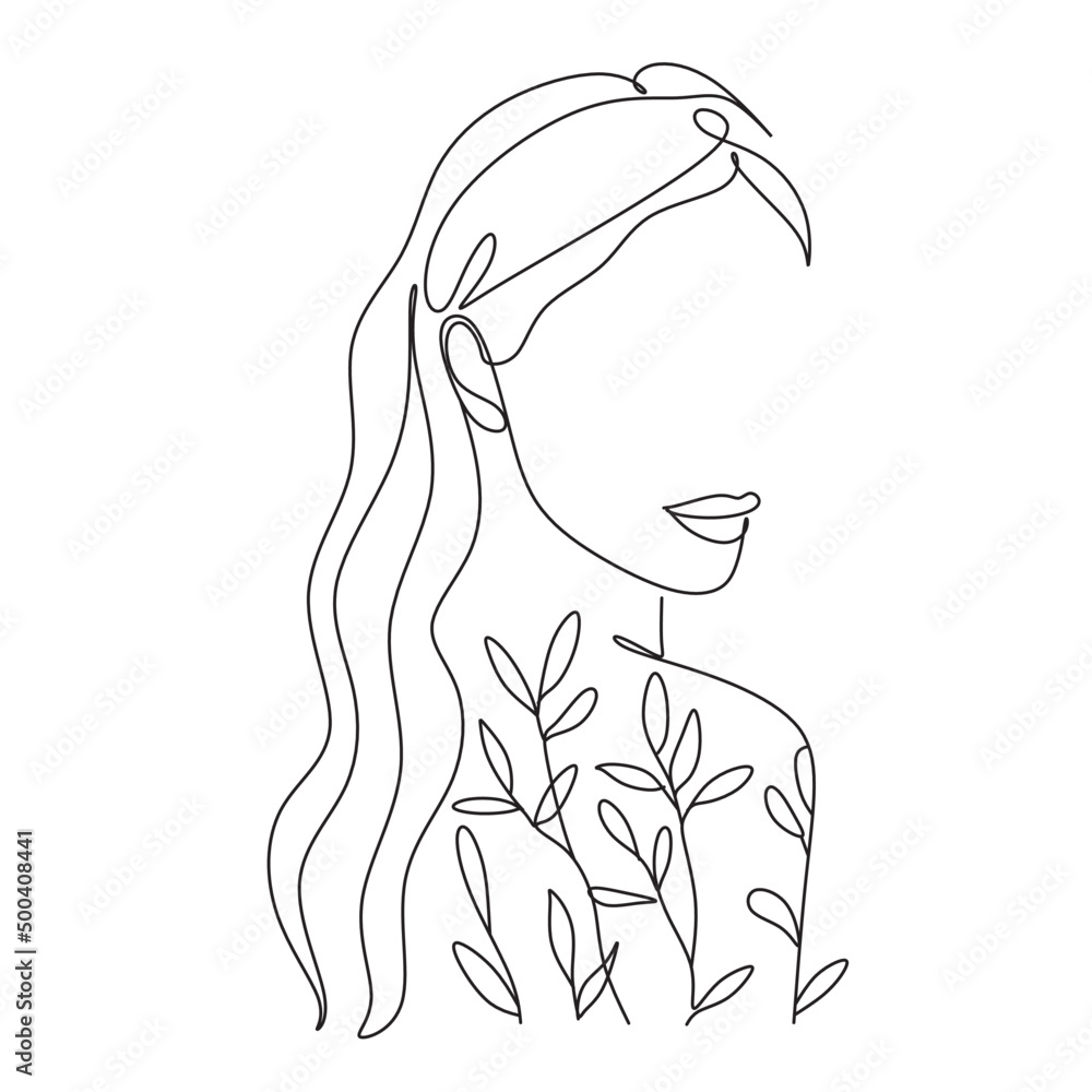 Women face with plants. Line art female with nature. Abstract face with ...