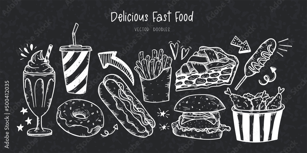 Beautiful hand drawn delicious fast food doodles, tasty elements like ...