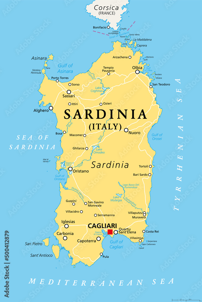 Poster Sardinia, Italian island, political map with capital Cagliari ...