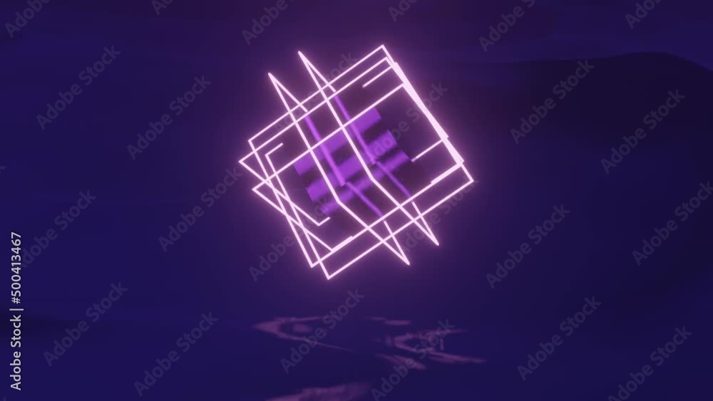 Neon glowing rectangles around cube in a black space with reflected ...