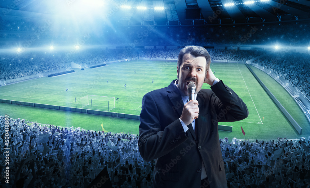 Shocked man, professional sport commentator having online broadcast of ...