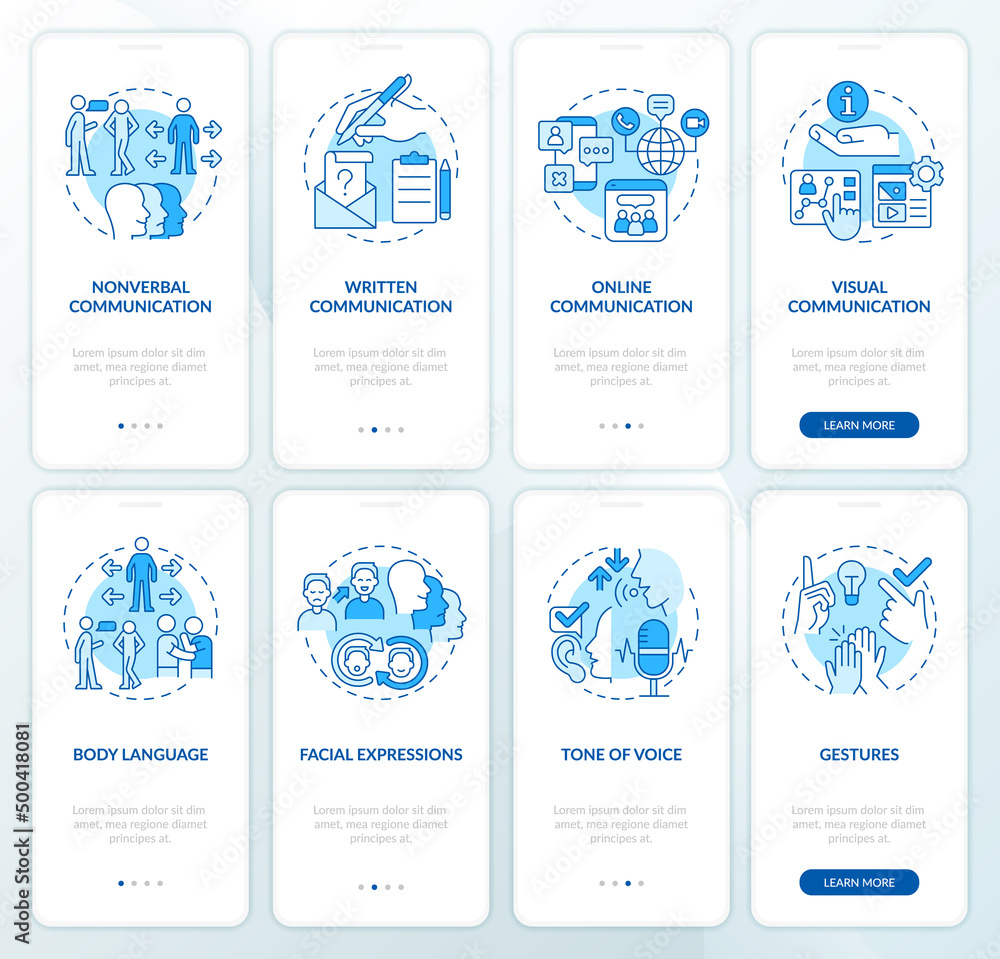 Communication Skills Development Blue Onboarding Mobile App Screen Set Walkthrough 4 Steps