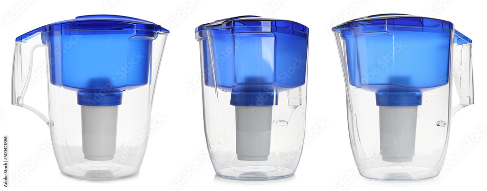 Set with empty water filter jugs on white background. Banner design ...