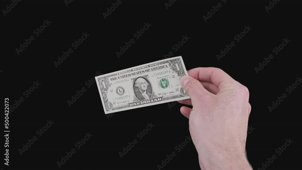 Male hand show one dollar bill with alpha channel. Man holding 1 dollar ...