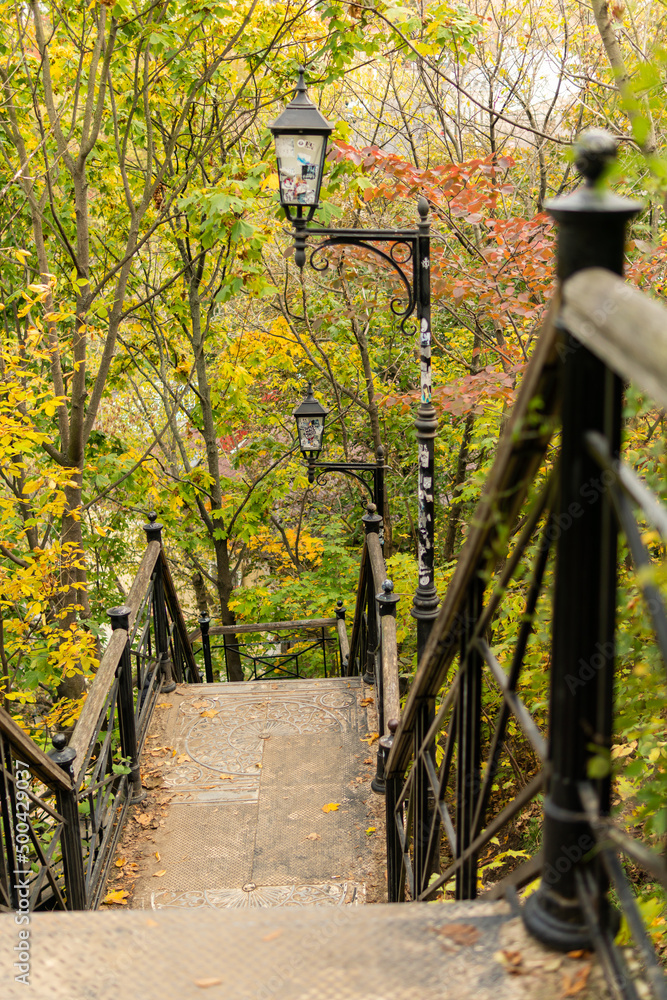 Kyiv (Kiev), Ukraine - October 23, 2020: Metal stairs, steps in vintage ...