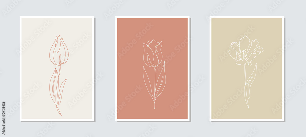 Set of 3 one single line drawing tulip flowers on an earthy background ...